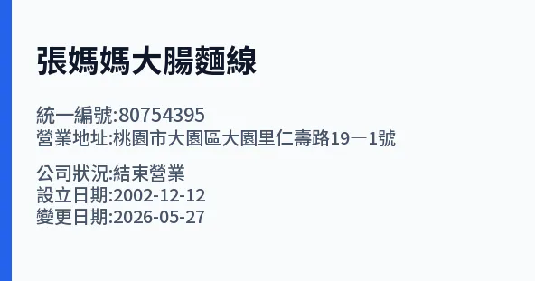 張媽媽大腸麵線的照片-統編 80754395(桃園市) 公司登記資料與營業項目詳細圖表