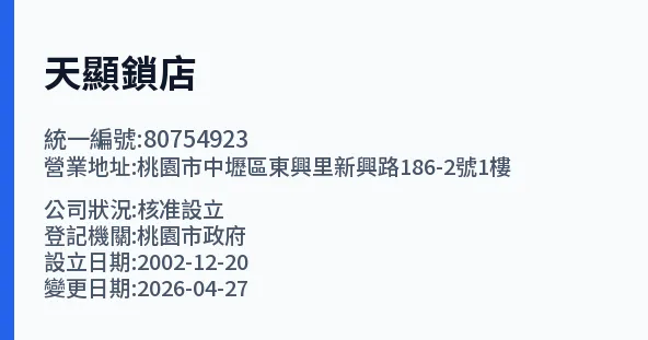 天顯鎖店的照片-統編 80754923(桃園市) 公司登記資料與營業項目詳細圖表