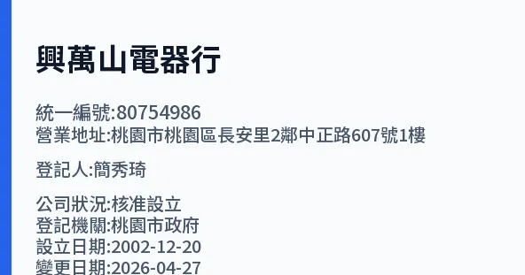 興萬山電器行的照片-統編 80754986(桃園市) 公司登記資料與營業項目詳細圖表