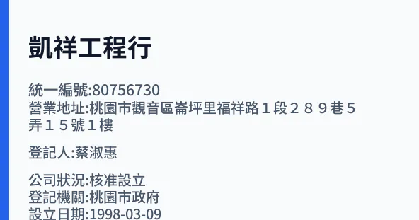 凱祥工程行的照片-統編 80756730(桃園市) 公司登記資料與營業項目詳細圖表