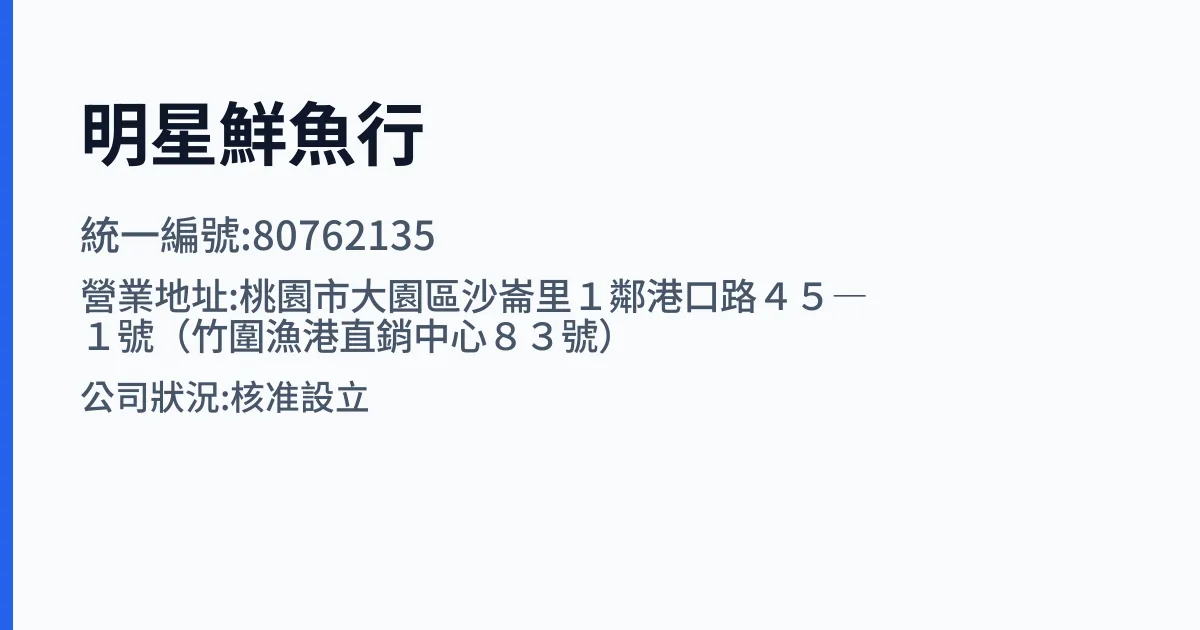 明星鮮魚行 - 統編 80762135(桃園市) 公司登記資料與營業項目詳細圖表