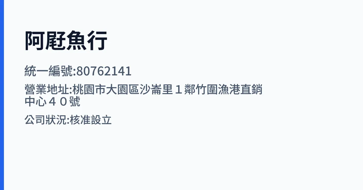 阿屘魚行 - 統編 80762141(桃園市) 公司登記資料與營業項目詳細圖表