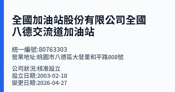 全國加油站股份有限公司全國八德交流道加油站的照片-統編 80763303(桃園市) 公司登記資料與營業項目詳細圖表