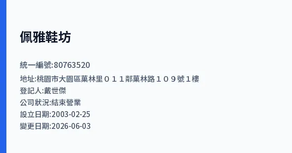 佩雅鞋坊的照片-統編 80763520(桃園市) 公司登記資料與營業項目詳細圖表