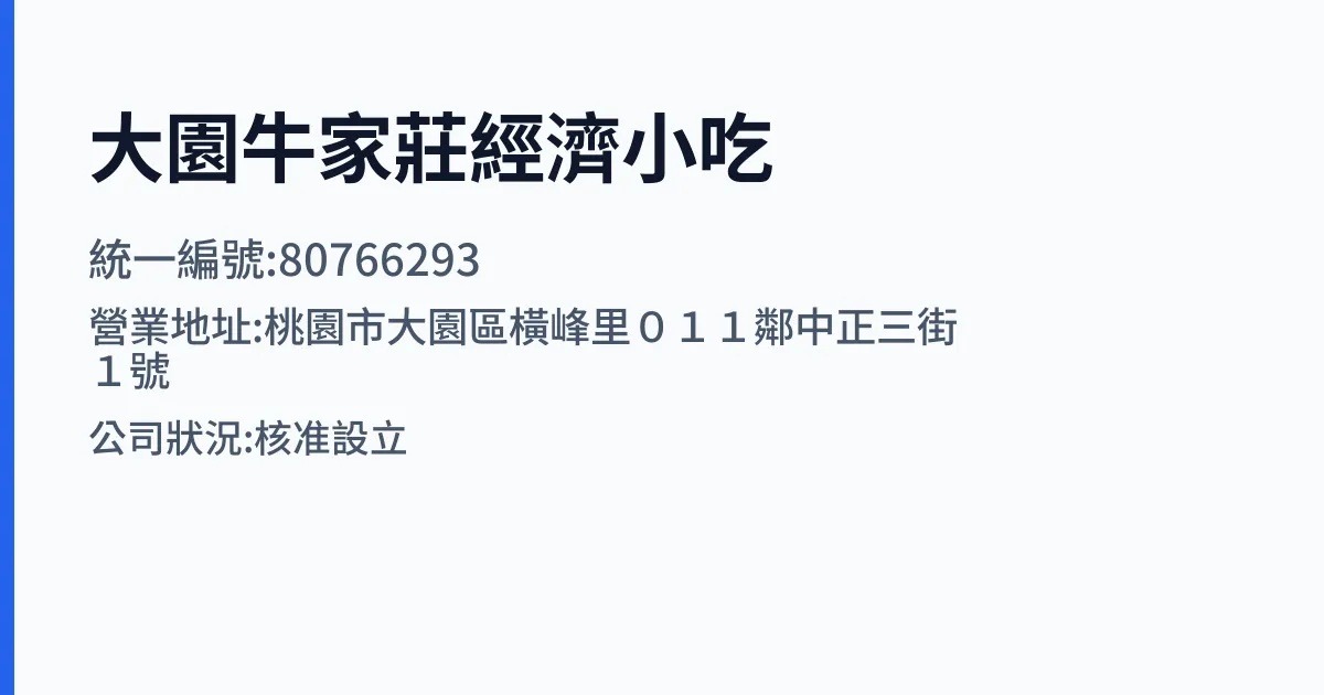 大園牛家莊經濟小吃 - 統編 80766293(桃園市) 公司登記資料與營業項目詳細圖表