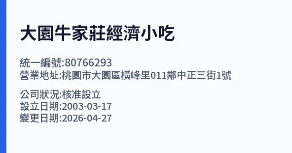 大園牛家莊經濟小吃的照片-統編 80766293(桃園市) 公司登記資料與營業項目詳細圖表