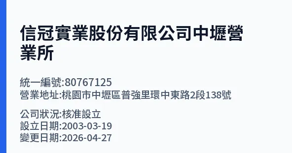 信冠實業股份有限公司中壢營業所的照片-統編 80767125(桃園市) 公司登記資料與營業項目詳細圖表