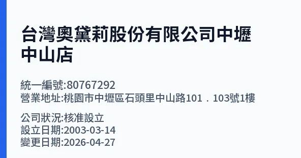 台灣奧黛莉股份有限公司中壢中山店的照片-統編 80767292(桃園市) 公司登記資料與營業項目詳細圖表