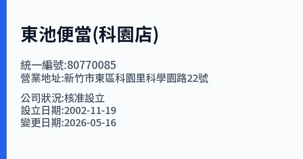 東池便當(科園店)的照片-統編 80770085(新竹市) 公司登記資料與營業項目詳細圖表