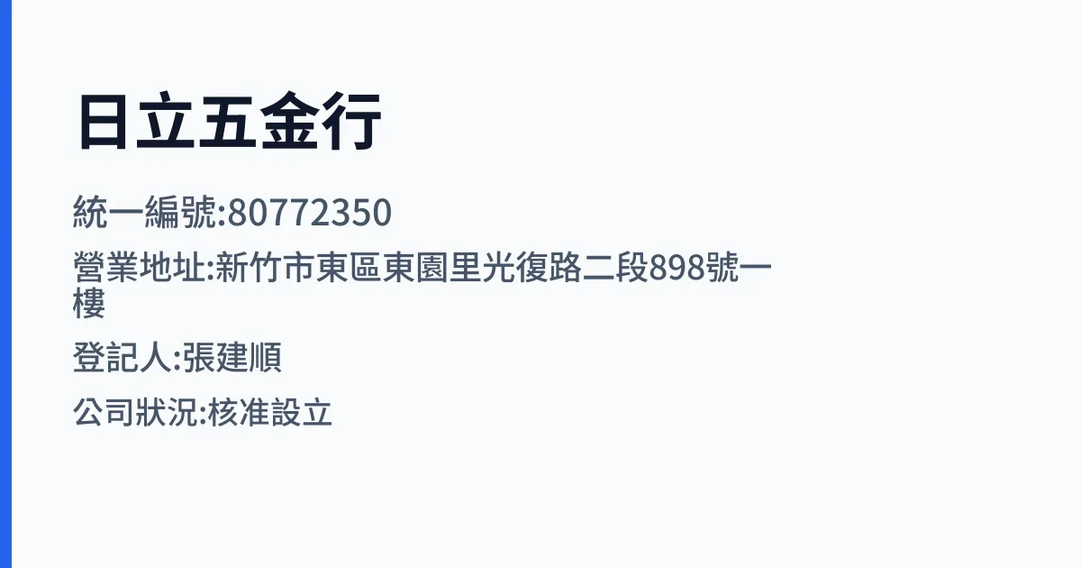 日立五金行 - 統編 80772350(新竹市) 公司登記資料與營業項目詳細圖表