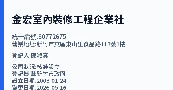 金宏室內裝修工程企業社的照片-統編 80772675(新竹市) 公司登記資料與營業項目詳細圖表