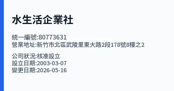 水生活企業社的照片-統編 80773631(新竹市) 公司登記資料與營業項目詳細圖表