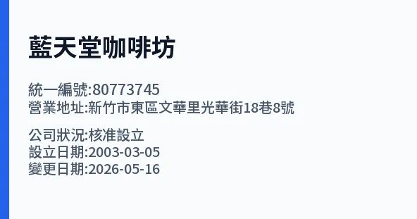 藍天堂咖啡坊的照片-統編 80773745(新竹市) 公司登記資料與營業項目詳細圖表
