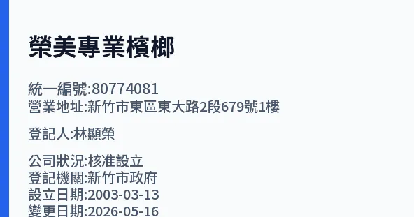 榮美專業檳榔的照片-統編 80774081(新竹市) 公司登記資料與營業項目詳細圖表