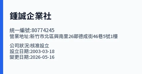 鍾誠企業社的照片-統編 80774245(新竹市) 公司登記資料與營業項目詳細圖表