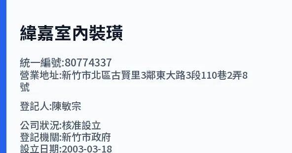 緯嘉室內裝璜的照片-統編 80774337(新竹市) 公司登記資料與營業項目詳細圖表
