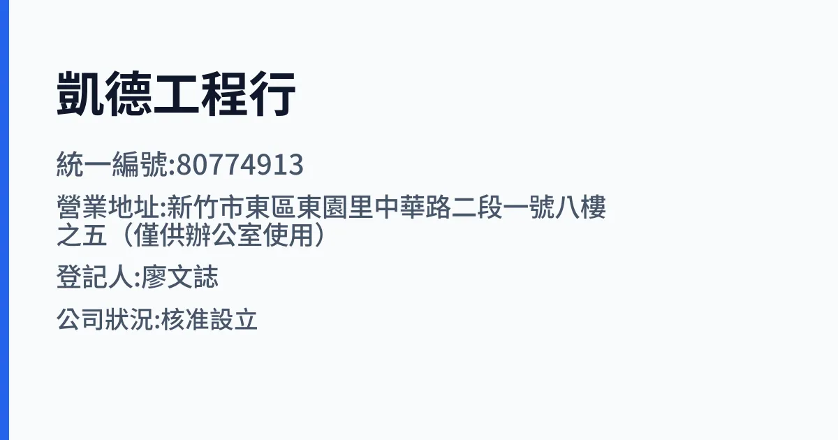 凱德工程行 - 統編 80774913(新竹縣) 公司登記資料與營業項目詳細圖表