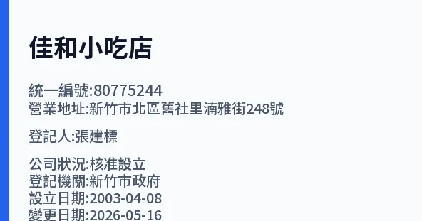 佳和小吃店的照片-統編 80775244(新竹市) 公司登記資料與營業項目詳細圖表