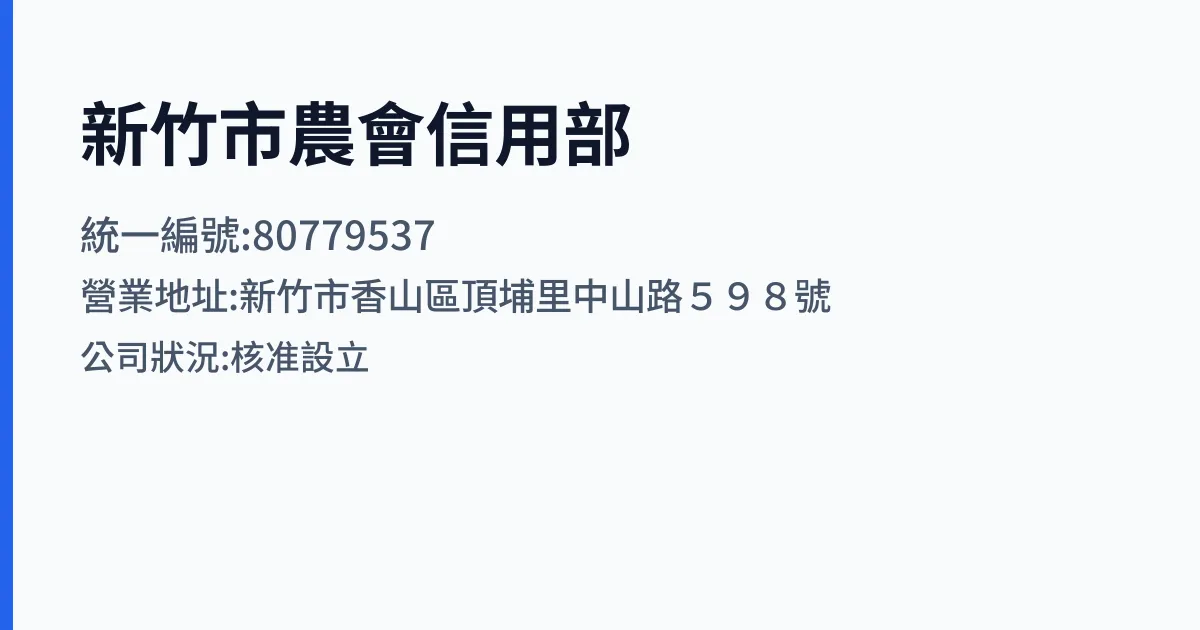 新竹市農會信用部 - 統編 80779537(新竹市) 公司登記資料與營業項目詳細圖表