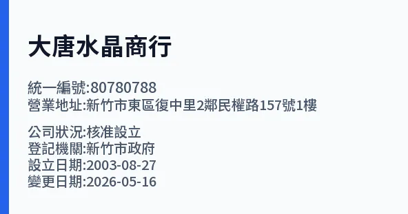大唐水晶商行的照片-統編 80780788(新竹市) 公司登記資料與營業項目詳細圖表