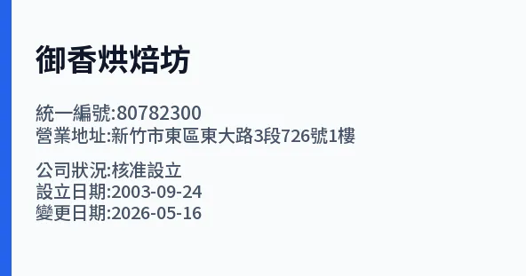 御香烘焙坊的照片-統編 80782300(新竹市) 公司登記資料與營業項目詳細圖表