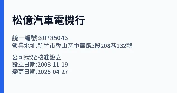 松億汽車電機行的照片-統編 80785046(新竹市) 公司登記資料與營業項目詳細圖表