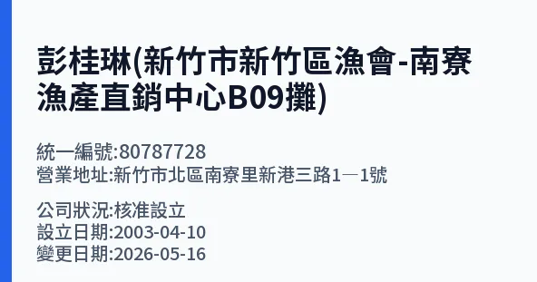 彭桂琳(新竹市新竹區漁會-南寮漁產直銷中心B09攤)的照片-統編 80787728(新竹市) 公司登記資料與營業項目詳細圖表