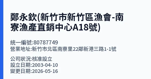 鄭永欽(新竹市新竹區漁會-南寮漁產直銷中心A18號)的照片-統編 80787749(新竹市) 公司登記資料與營業項目詳細圖表