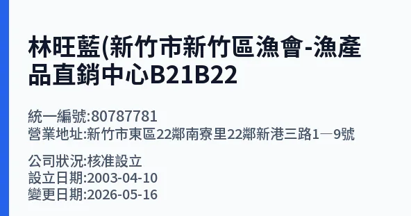 林旺藍(新竹市新竹區漁會-漁產品直銷中心B21B22的照片-統編 80787781(新竹市) 公司登記資料與營業項目詳細圖表
