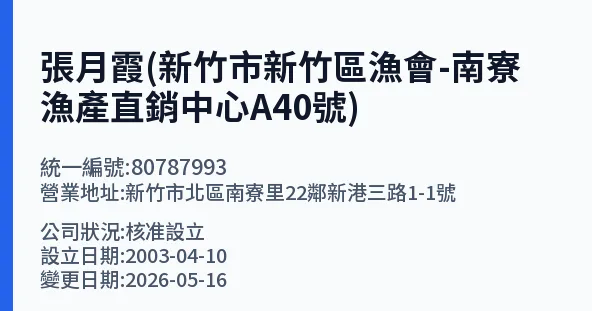張月霞(新竹市新竹區漁會-南寮漁產直銷中心A40號)的照片-統編 80787993(新竹市) 公司登記資料與營業項目詳細圖表