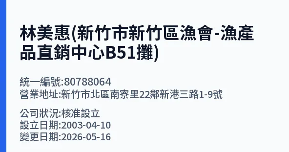 林美惠(新竹市新竹區漁會-漁產品直銷中心B51攤)的照片-統編 80788064(新竹市) 公司登記資料與營業項目詳細圖表