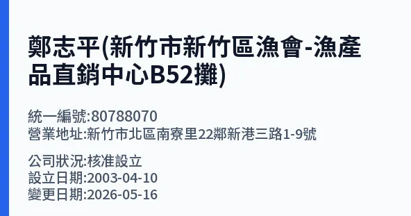 鄭志平(新竹市新竹區漁會-漁產品直銷中心B52攤)的照片-統編 80788070(新竹市) 公司登記資料與營業項目詳細圖表
