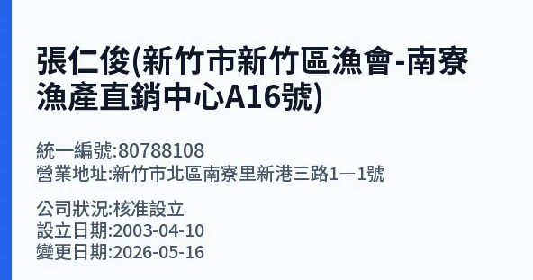 張仁俊(新竹市新竹區漁會-南寮漁產直銷中心A16號)的照片-統編 80788108(新竹市) 公司登記資料與營業項目詳細圖表