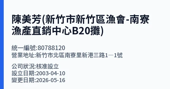 陳美芳(新竹市新竹區漁會-南寮漁產直銷中心B20攤)的照片-統編 80788120(新竹市) 公司登記資料與營業項目詳細圖表