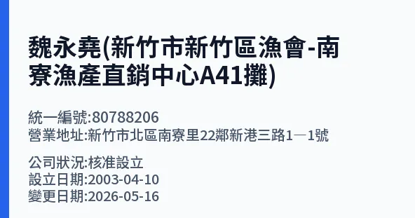 魏永堯(新竹市新竹區漁會-南寮漁產直銷中心A41攤)的照片-統編 80788206(新竹市) 公司登記資料與營業項目詳細圖表