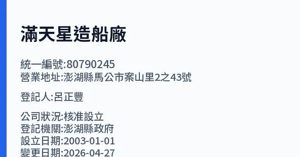 滿天星造船廠的照片-統編 80790245(澎湖縣) 公司登記資料與營業項目詳細圖表