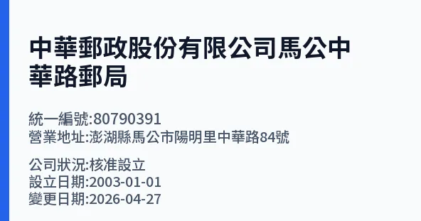 中華郵政股份有限公司馬公中華路郵局的照片-統編 80790391(澎湖縣) 公司登記資料與營業項目詳細圖表