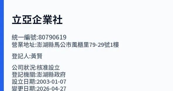 立亞企業社的照片-統編 80790619(澎湖縣) 公司登記資料與營業項目詳細圖表