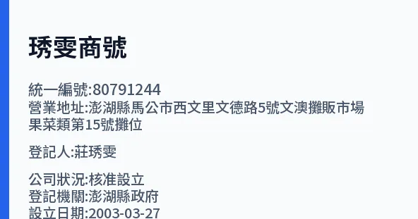琇雯商號的照片-統編 80791244(澎湖縣) 公司登記資料與營業項目詳細圖表