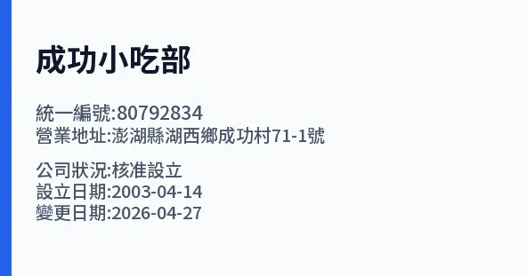 成功小吃部的照片-統編 80792834(澎湖縣) 公司登記資料與營業項目詳細圖表
