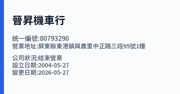 晉昇機車行的照片-統編 80793290(屏東縣) 公司登記資料與營業項目詳細圖表