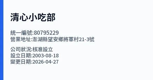 清心小吃部的照片-統編 80795229(澎湖縣) 公司登記資料與營業項目詳細圖表