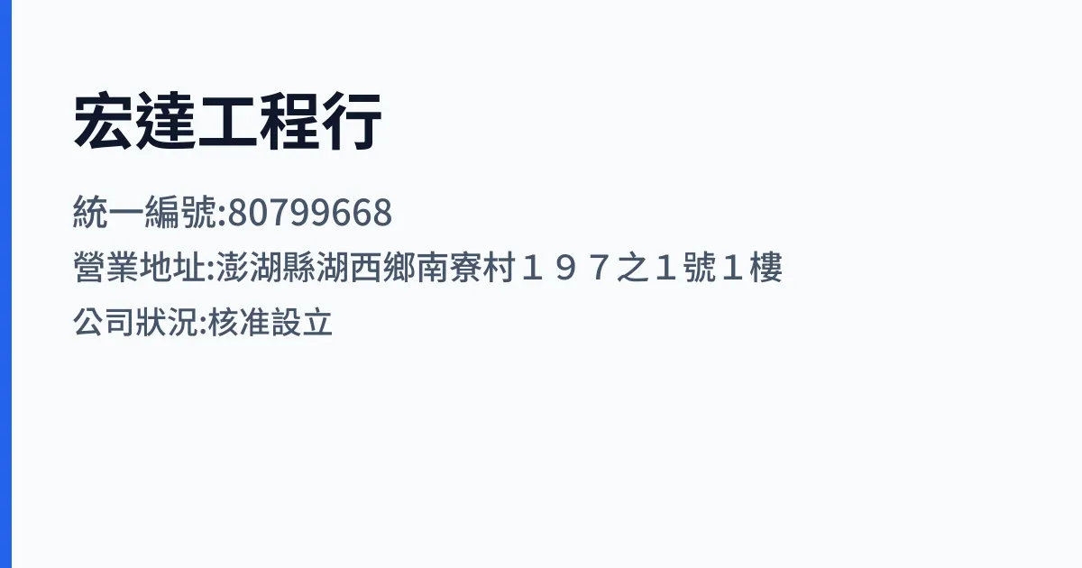 宏達工程行 - 統編 80799668(澎湖縣) 公司登記資料與營業項目詳細圖表