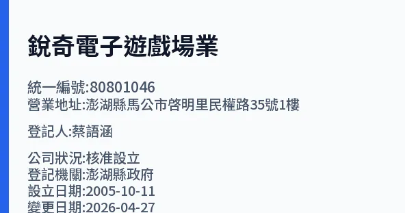 銳奇電子遊戲場業的照片-統編 80801046(澎湖縣) 公司登記資料與營業項目詳細圖表
