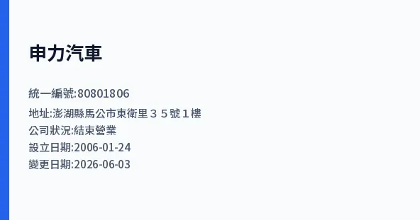 申力汽車的照片-統編 80801806(澎湖縣) 公司登記資料與營業項目詳細圖表