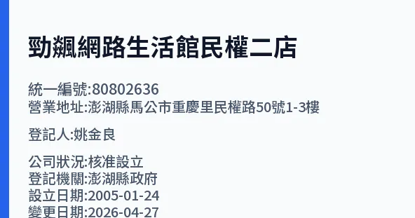 勁飊網路生活館民權二店的照片-統編 80802636(澎湖縣) 公司登記資料與營業項目詳細圖表