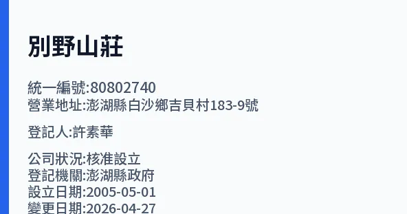 別野山莊的照片-統編 80802740(澎湖縣) 公司登記資料與營業項目詳細圖表