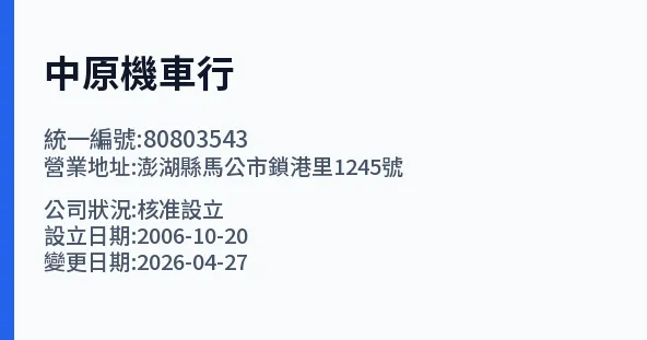 中原機車行的照片-統編 80803543(澎湖縣) 公司登記資料與營業項目詳細圖表