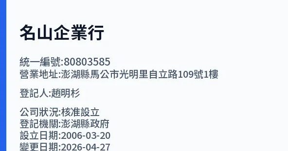 名山企業行的照片-統編 80803585(澎湖縣) 公司登記資料與營業項目詳細圖表