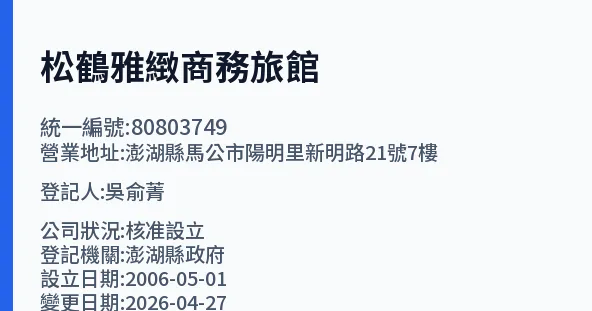 松鶴雅緻商務旅館的照片-統編 80803749(澎湖縣) 公司登記資料與營業項目詳細圖表